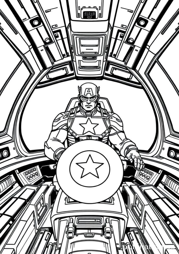 Captain America in his famous Quinjet coloring page