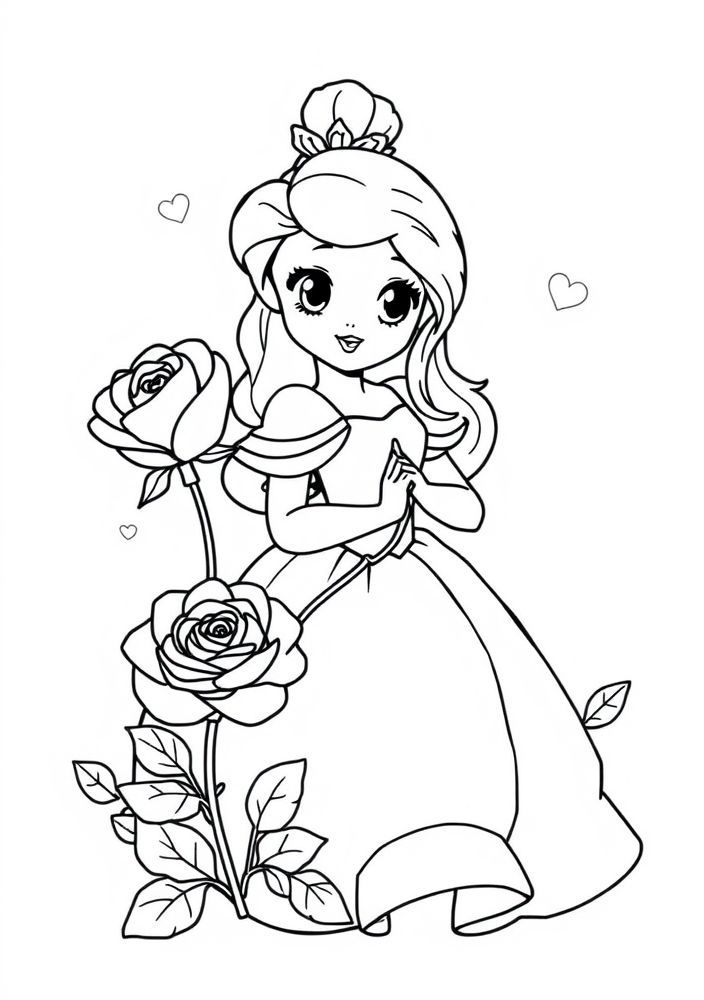 Desenho da Bella com a Rosa Encantada para colorir