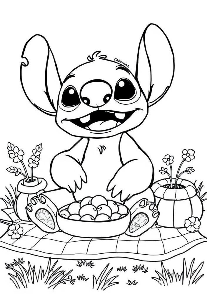 Desenho do Stitch fazendo um piquenique para colorir